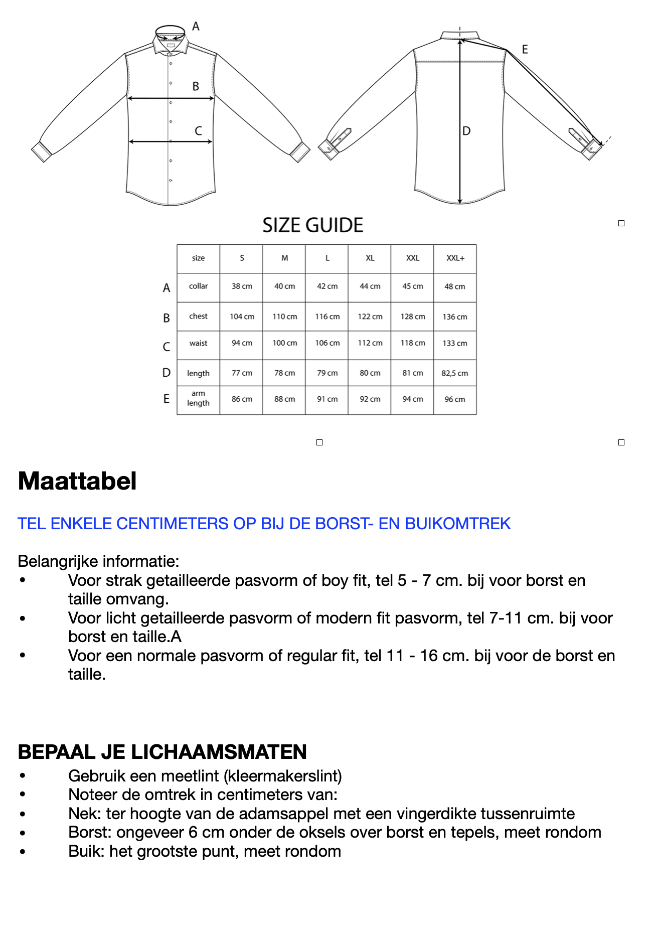 Maattabel Wolff Blitz overhemden